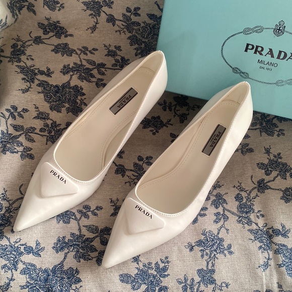 Prada | Shoes | Prada Triangle Logo White Leather High Heels | Poshmark